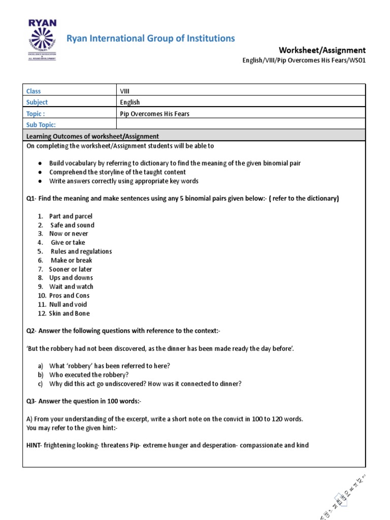 Ryan International Group of Institutions: Worksheet/Assignment | PDF ...