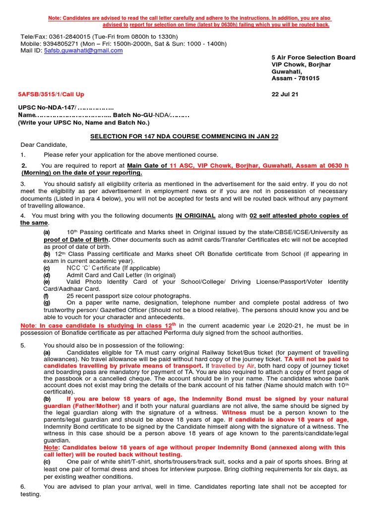 Call Up Letter 5 Afsb Guwahati For Nda 147 Course | PDF