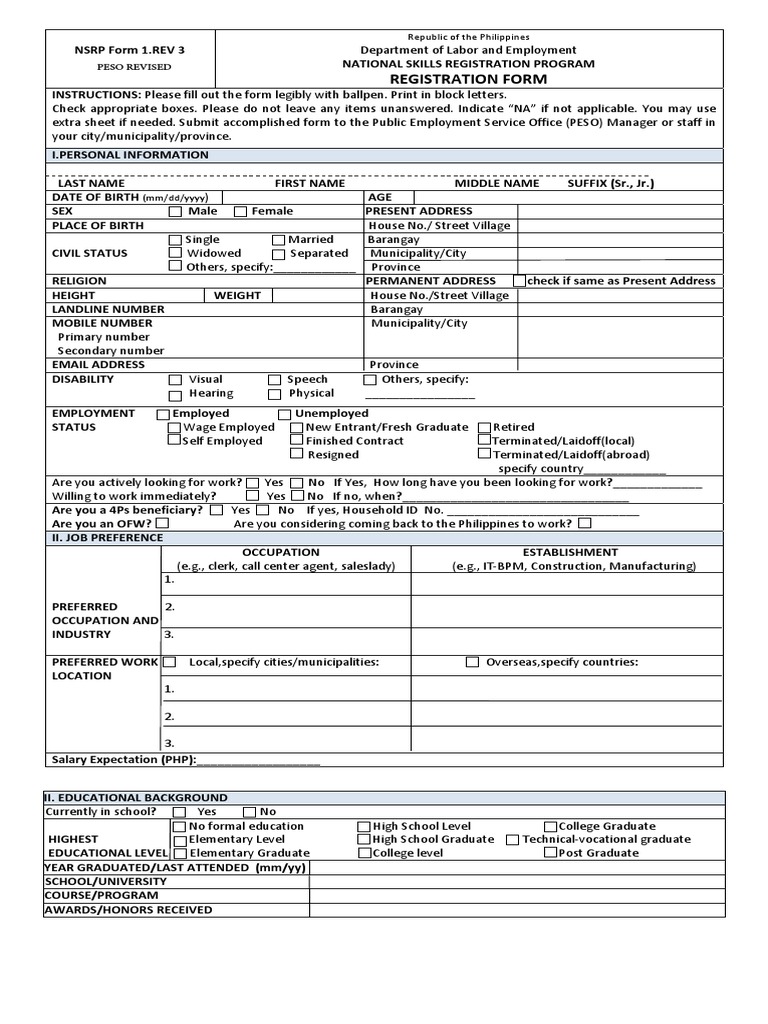 Registration Form: Republic of The Philippines Peso Revised | PDF