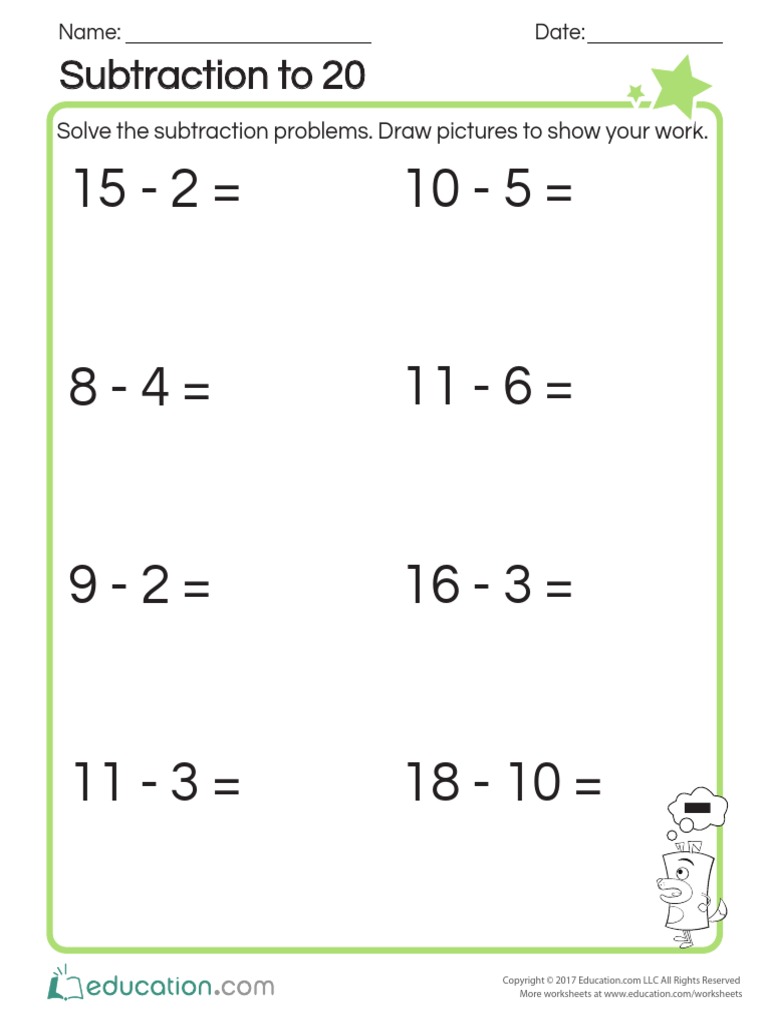 Subtraction To 20: Solve The Subtraction Problems. Draw Pictures To ...