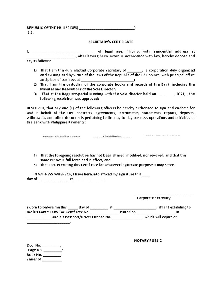 Secretary Certificate Bank | PDF