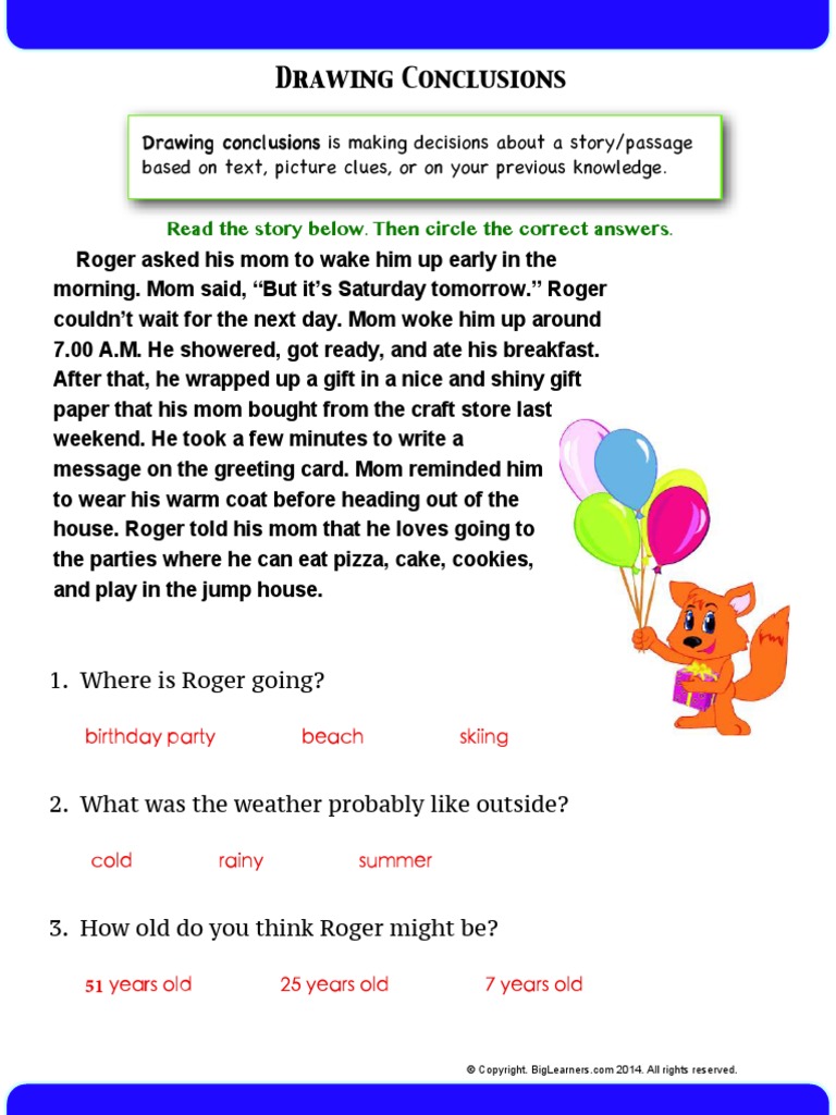 Drawing Conclusions: Read The Story Below. Then Circle The Correct ...