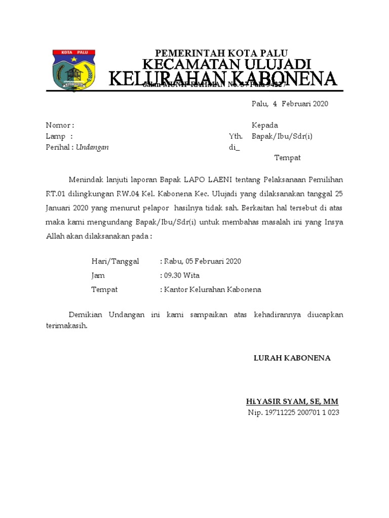 Undangan Rapat Pemilihan RT Kabonena | PDF