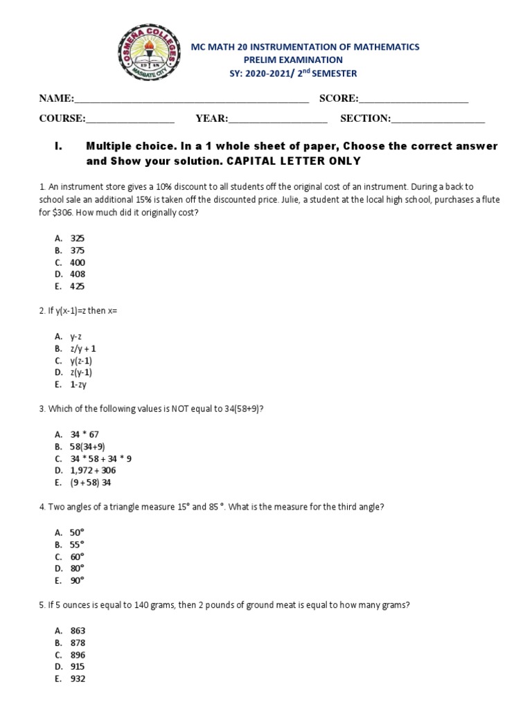 MC Math 20 Instrumentation of Mathematics Prelim Examination SY: 2020 ...