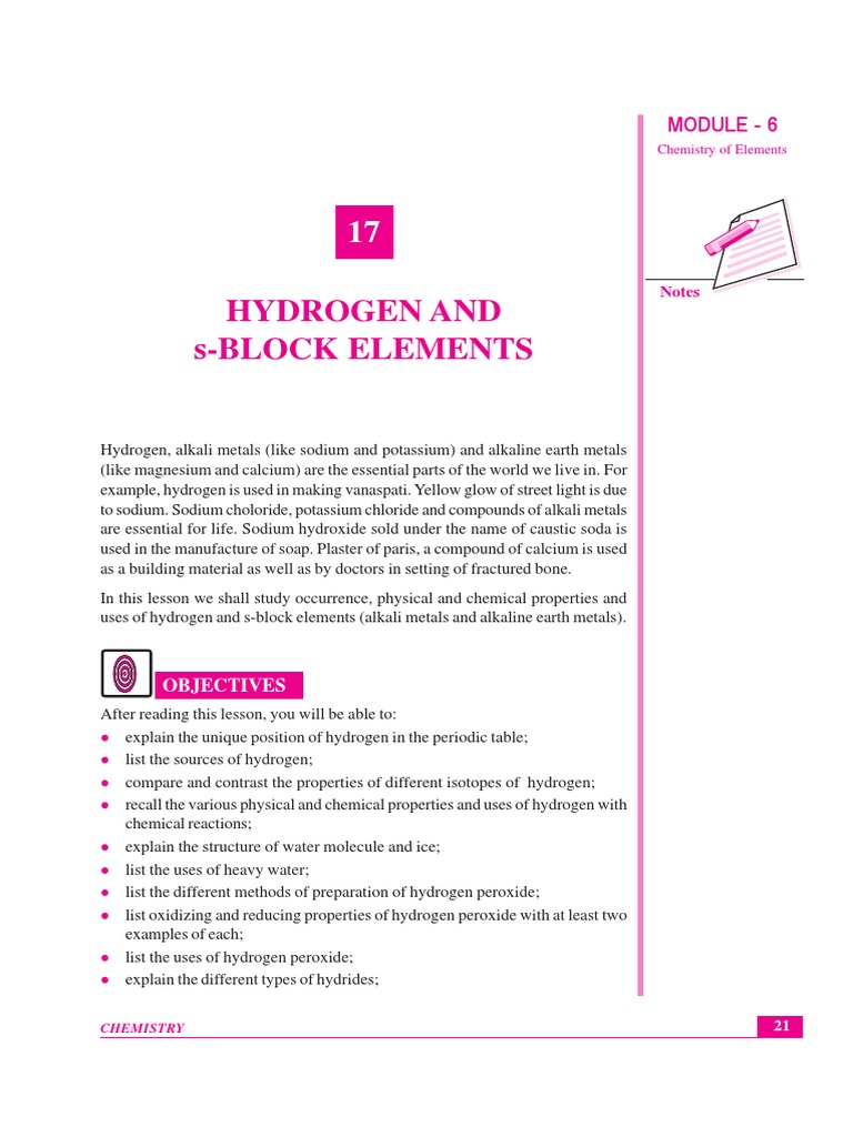 Hydrogen and S-Block Elements: Module - 6 | PDF | Hydroxide | Hydrogen