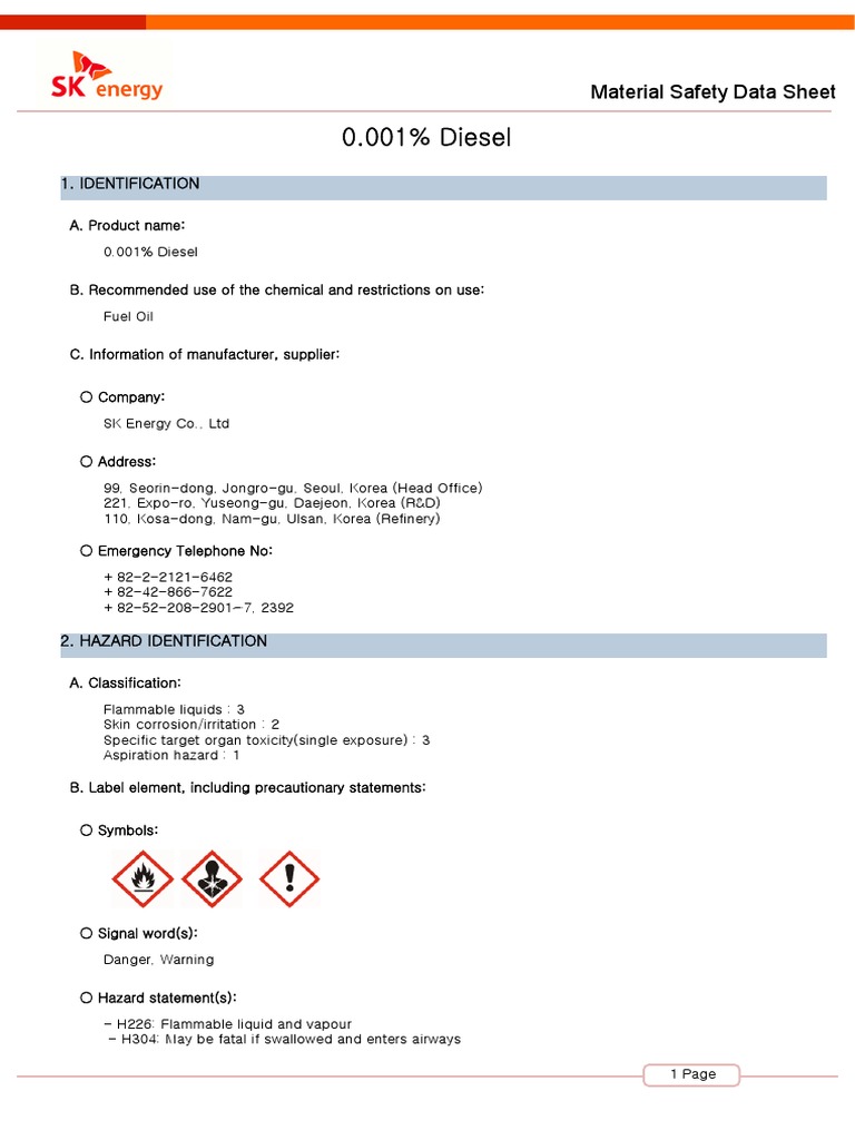 0.001% Diesel: Material Safety Data Sheet | PDF | Dangerous Goods ...