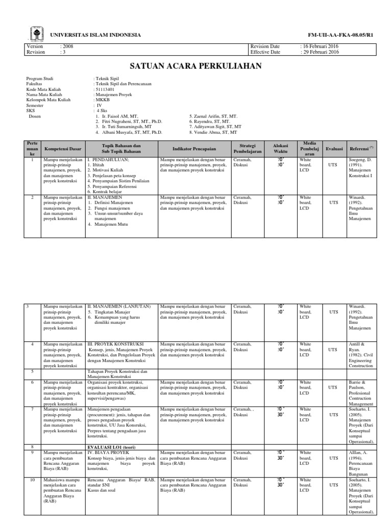 Satuan Acara Perkuliahan Manajemen Proyek | PDF