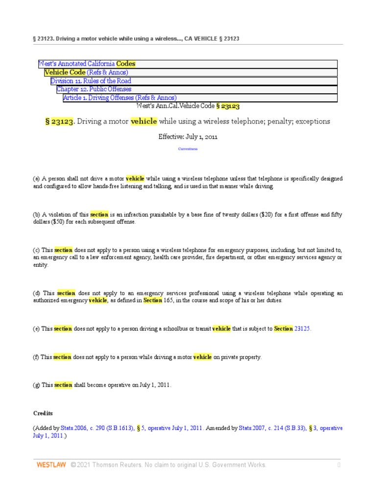 Driving A Motor Vehicle While Using A Wireless Telephone Penalty ...