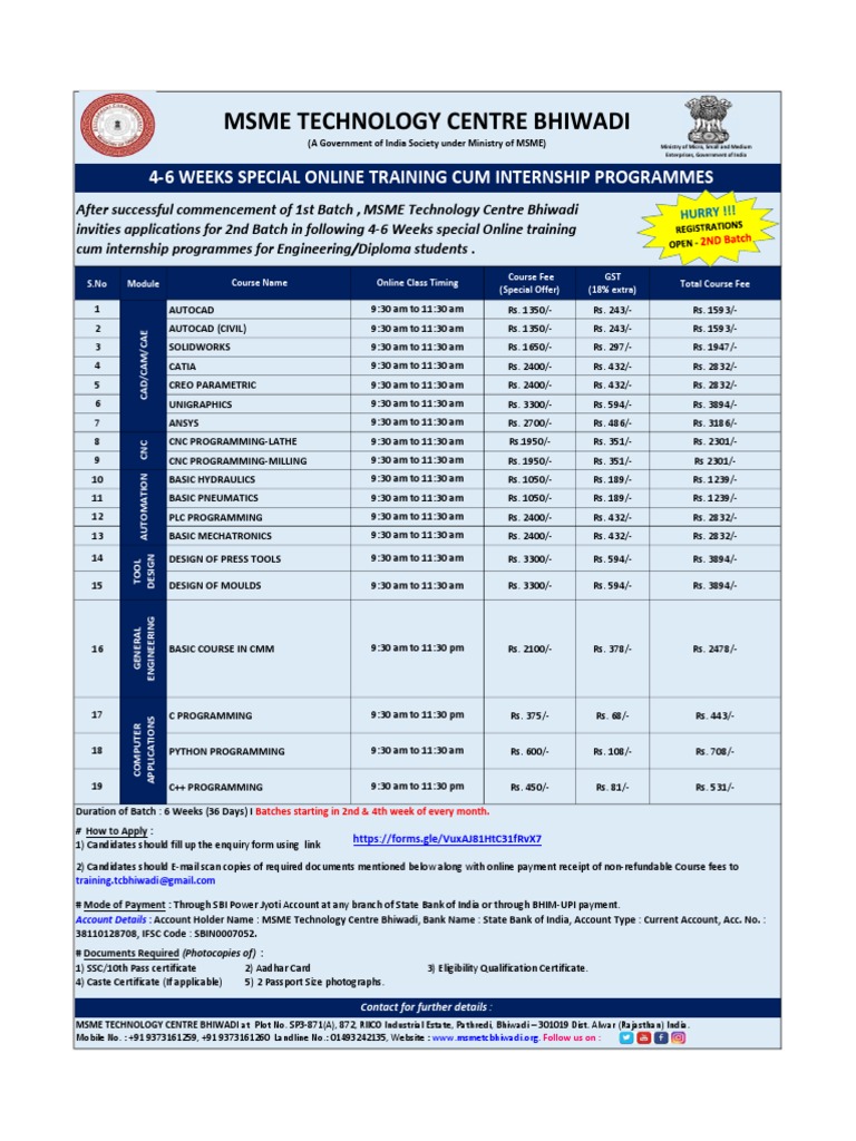 Msme Technology Centre Bhiwadi: 4-6 Weeks Special Online Training Cum Internship Programmes ...