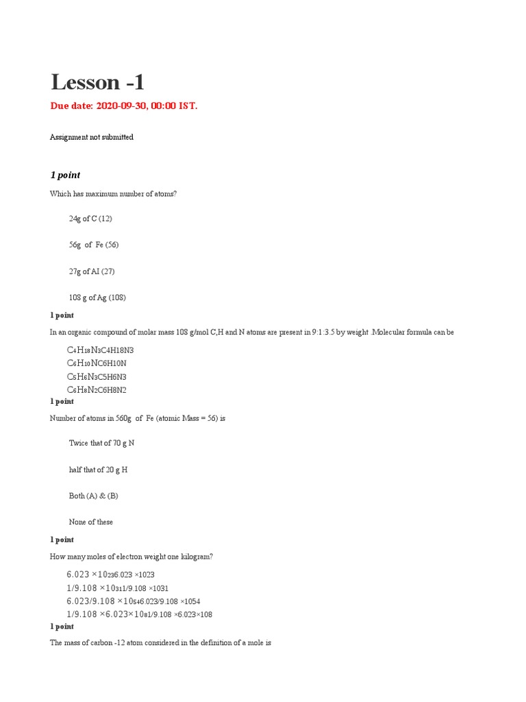 SR Secondary Chemistry Chapter 1 Quiz | PDF | Mole (Unit) | Chemical ...