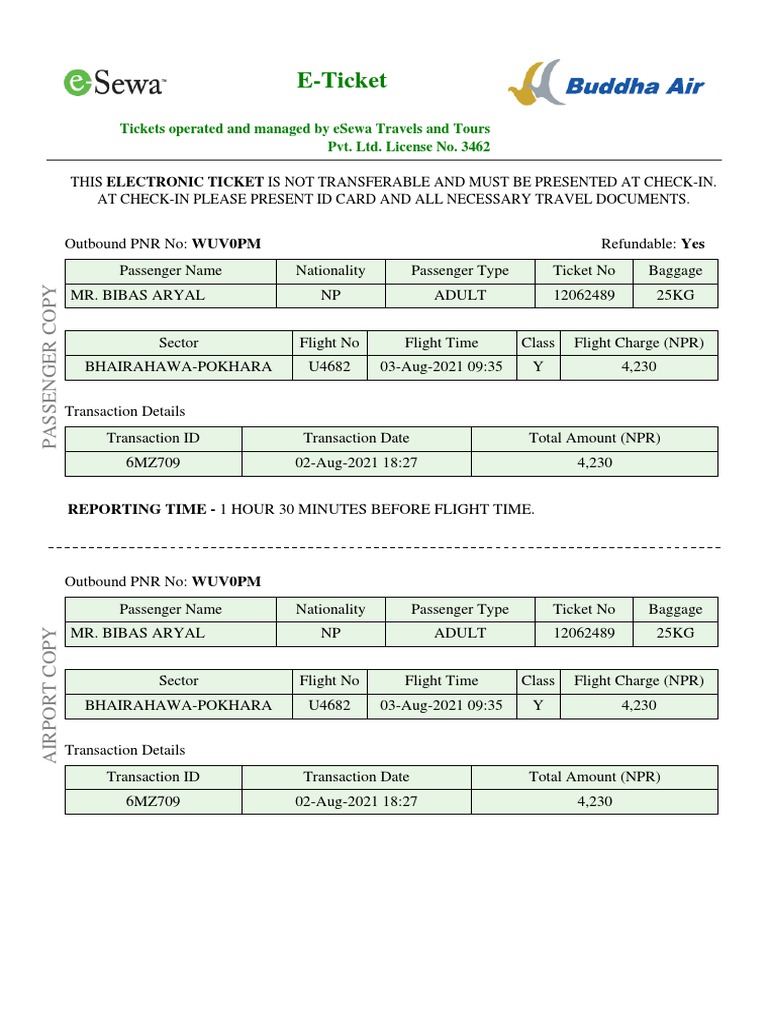 E-Ticket: Tickets Operated and Managed by Esewa Travels and Tours Pvt ...