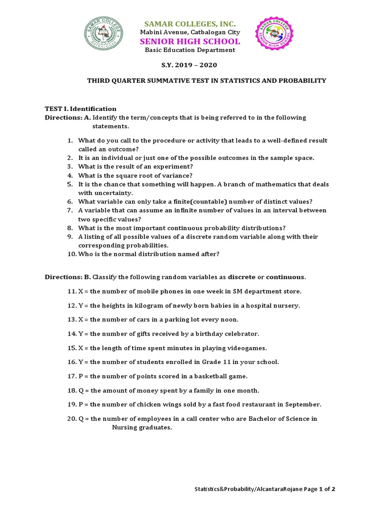 Third Quarter Summative Test 2019-2020 | PDF | Probability Distribution ...