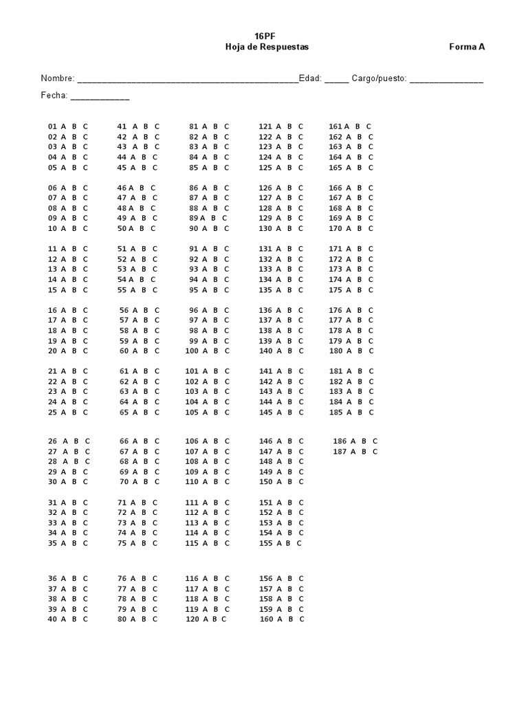 16PF Test Answer Sheet Form A | PDF