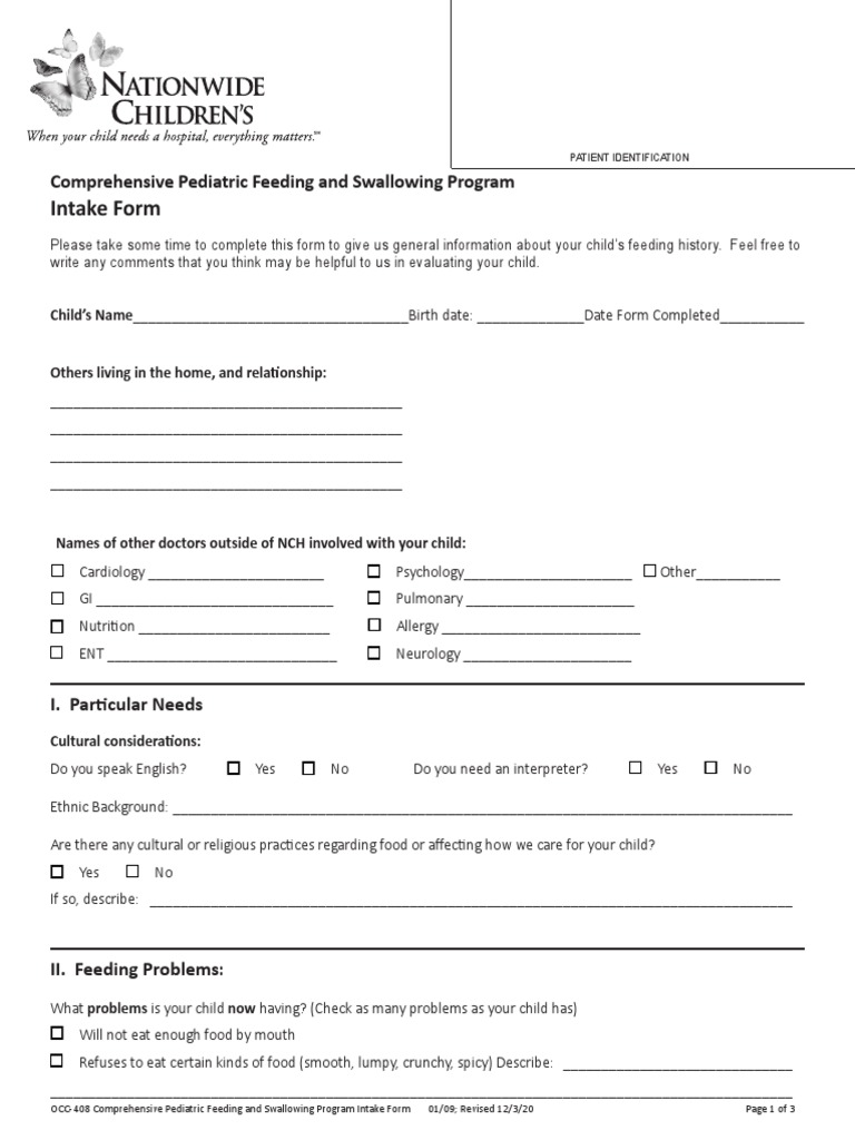 Intake Form: Comprehensive Pediatric Feeding and Swallowing Program ...