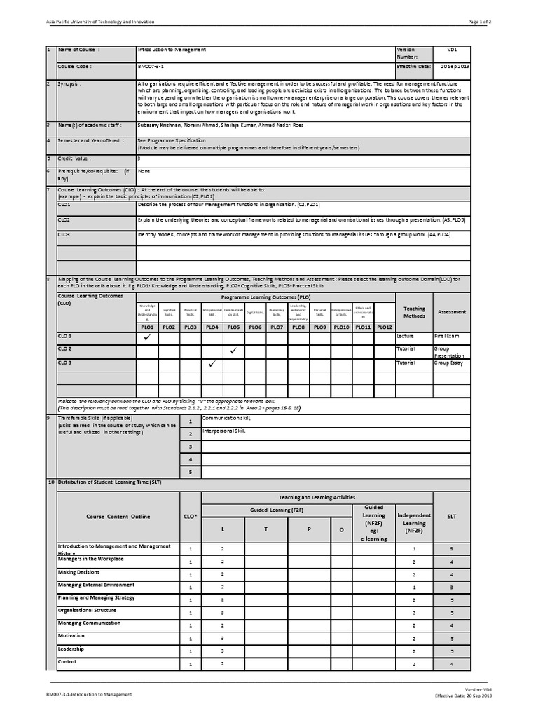 BM007!3!1-Introduction To Management (VD1) 20 September 2019 | PDF | Learning | Skill