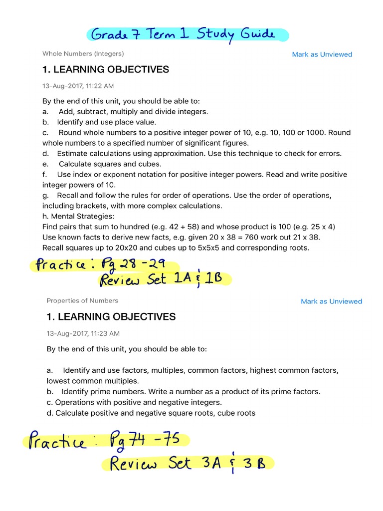 Grade 7 Term 1 Study Guide | PDF