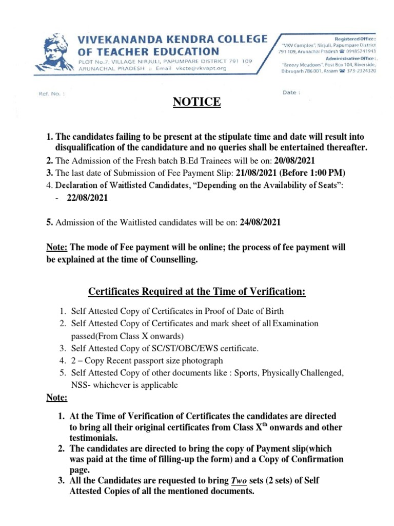 VKV Nirjuli B.Ed Admission Notice 2021 | PDF | Science | Academia