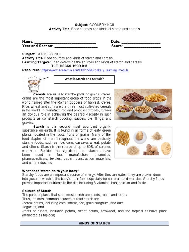 Food Sources and Kinds of Starch and Cereals | PDF | Starch | Cereals