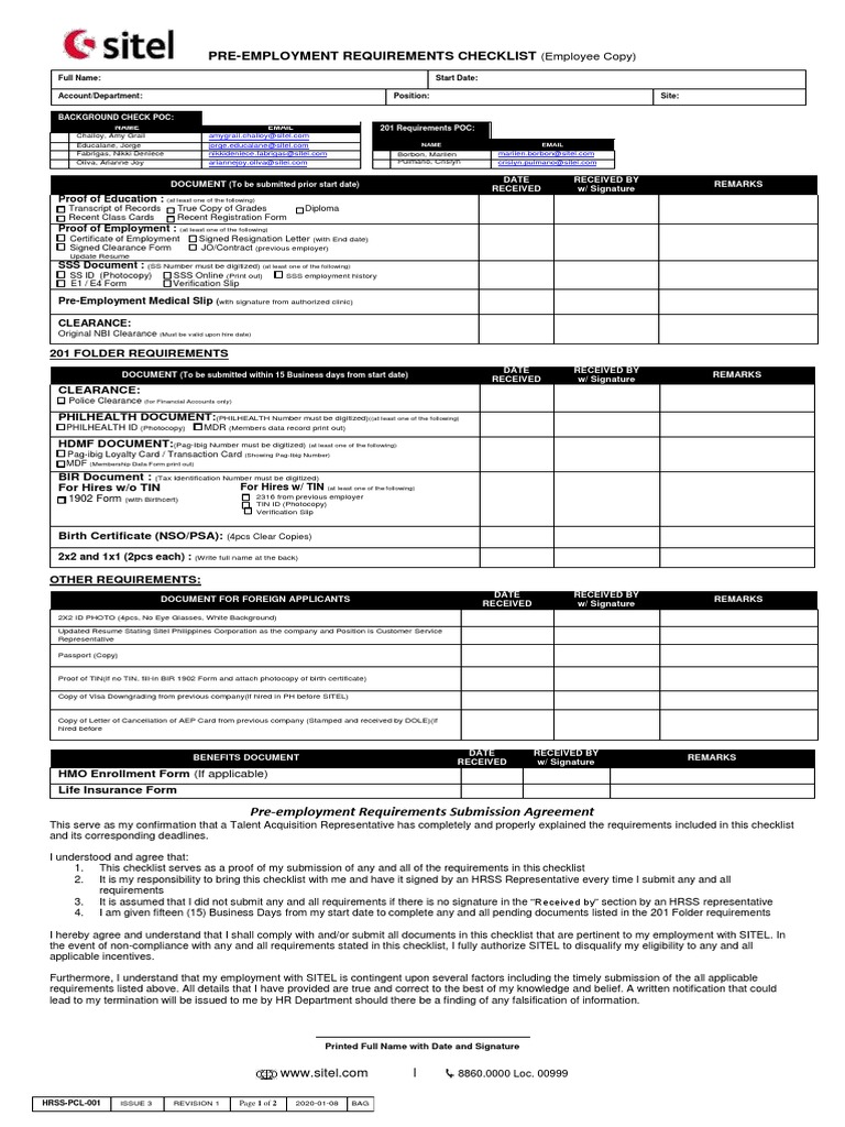 Pre-Employment Requirements Checklist | PDF | Identity Document ...