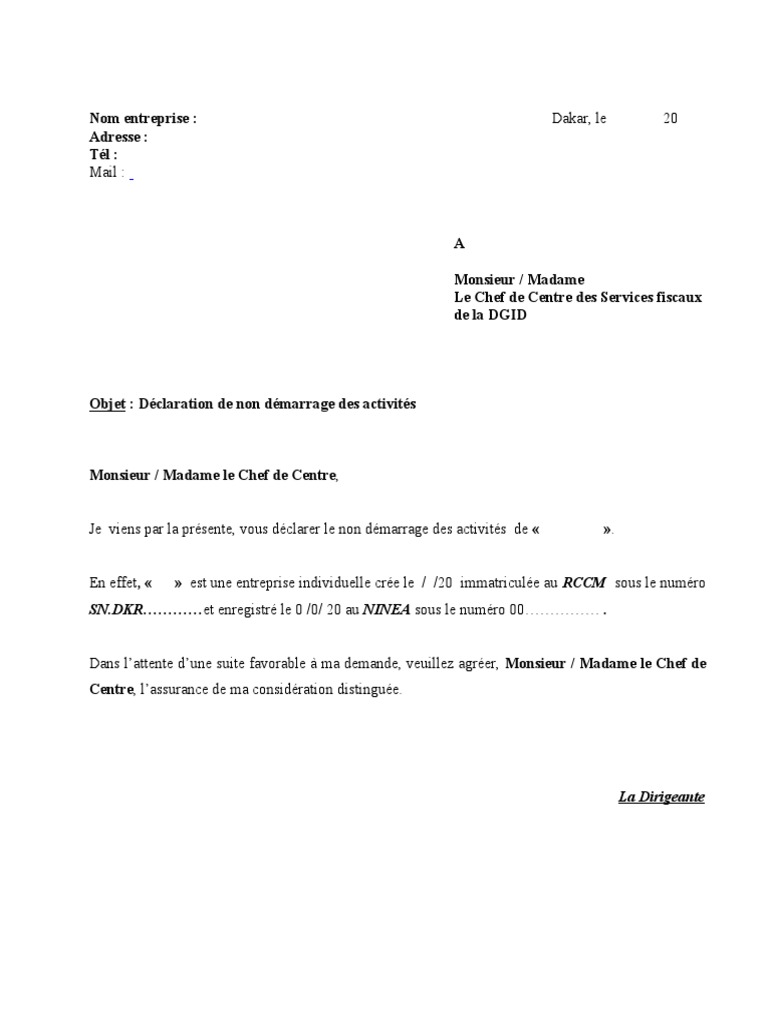 Modèle de Courrier Pour Déclaration de Non Démarrage Des Activités | PDF