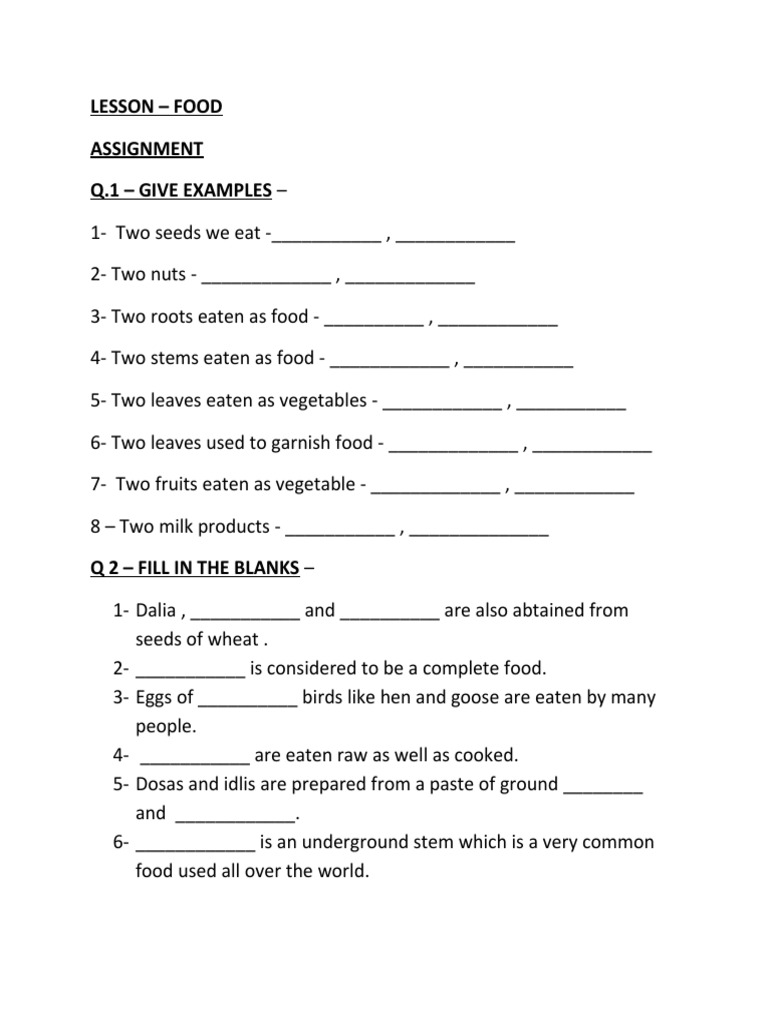 Class-3, LESSON - Food, Assignment | PDF