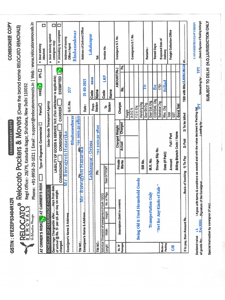 Household Goods Transport Bilty Format | PDF