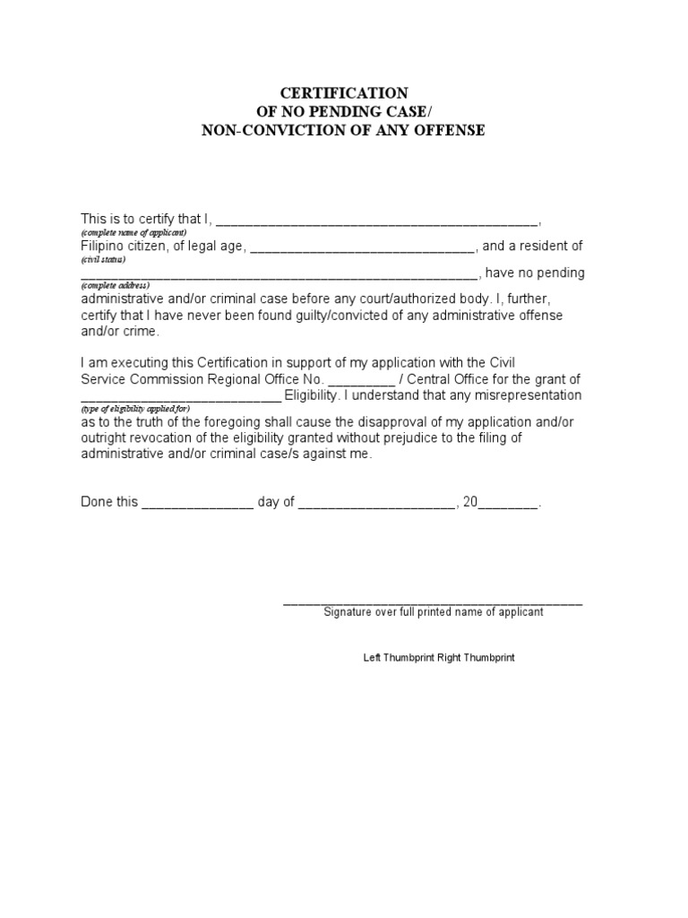 Certification of No Pending Case/ Non-Conviction of Any Offense | PDF