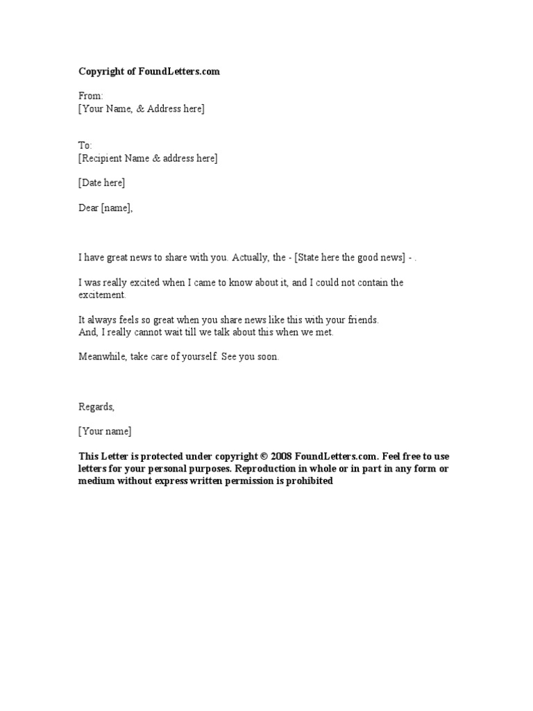 Sample Breaking Some Good News Letter in Word Format | PDF