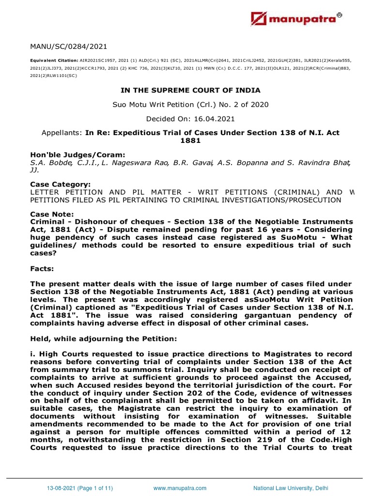 In Re Expeditious Trial of Cases Under Section ...