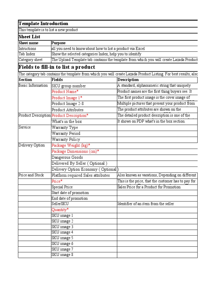 Fields To Fill-In To List A Product: Template Introduction Sheet List ...