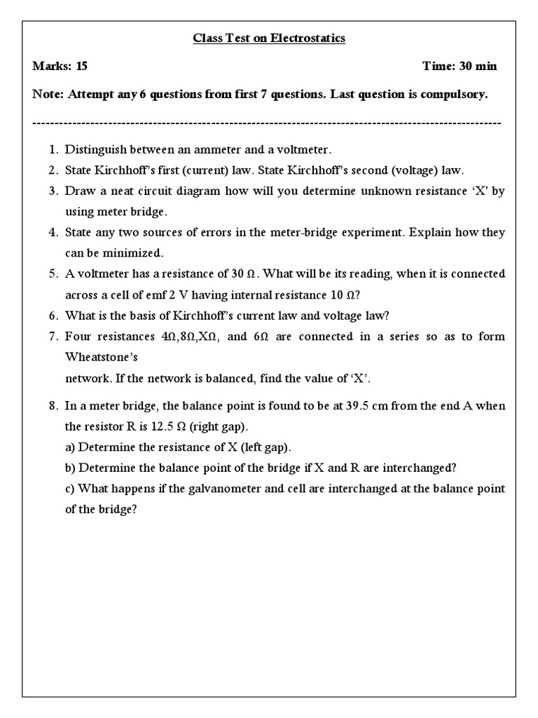 Class Test On Electrostatics | PDF | Science & Mathematics | Teaching ...