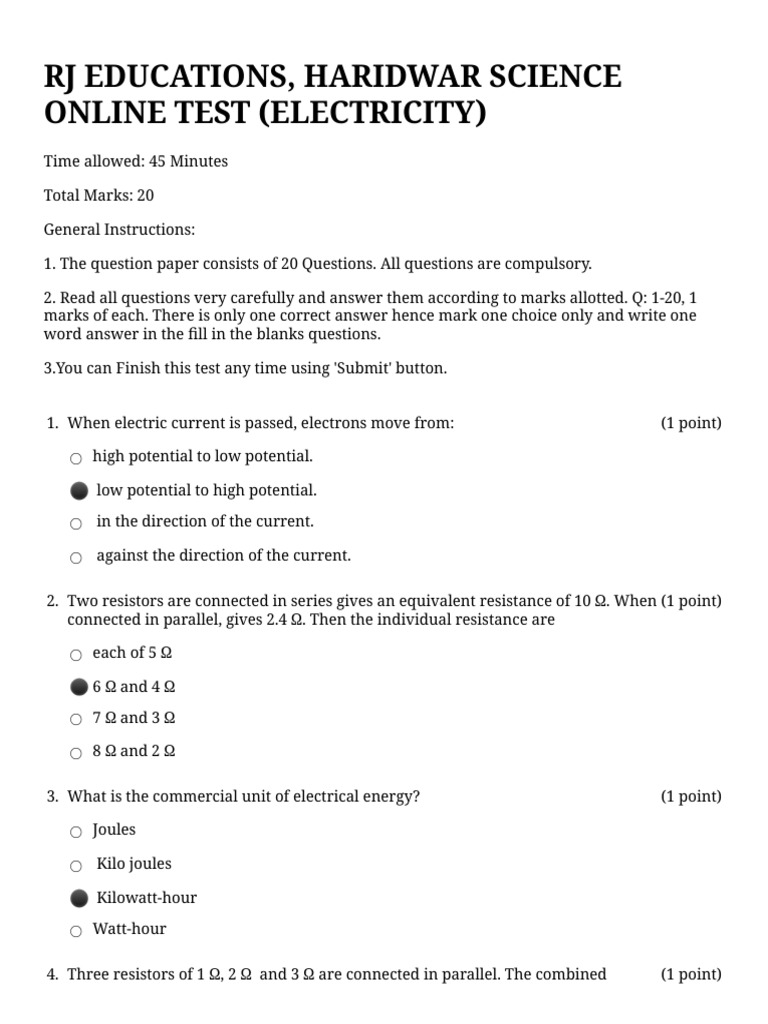 Electricity Online Test for Students | PDF | Electrical Resistance And ...