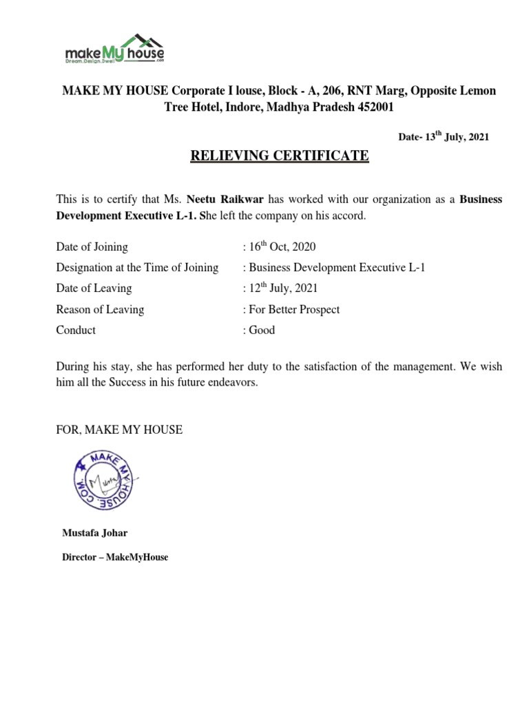 Relieving Certificate | PDF