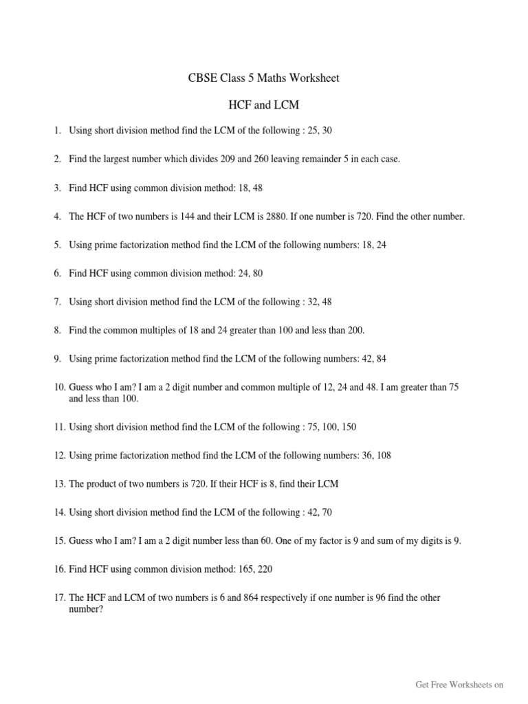 CBSE Class 5 Maths Worksheet HCF and LCM: Get Free Worksheets On | PDF ...