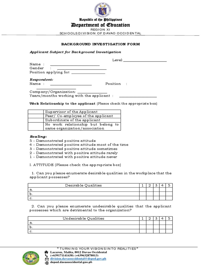Department of Education: Background Investigation Form | PDF ...