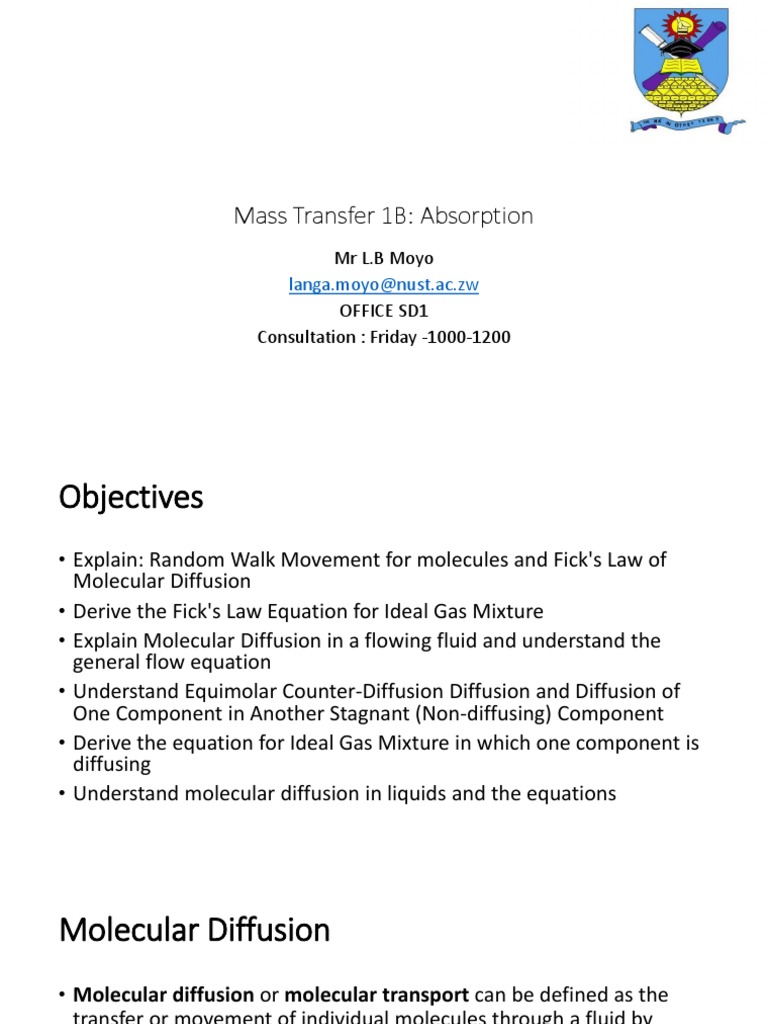 Diffusion Mass Transfer-Lecture One-1 | PDF | Diffusion | Gases