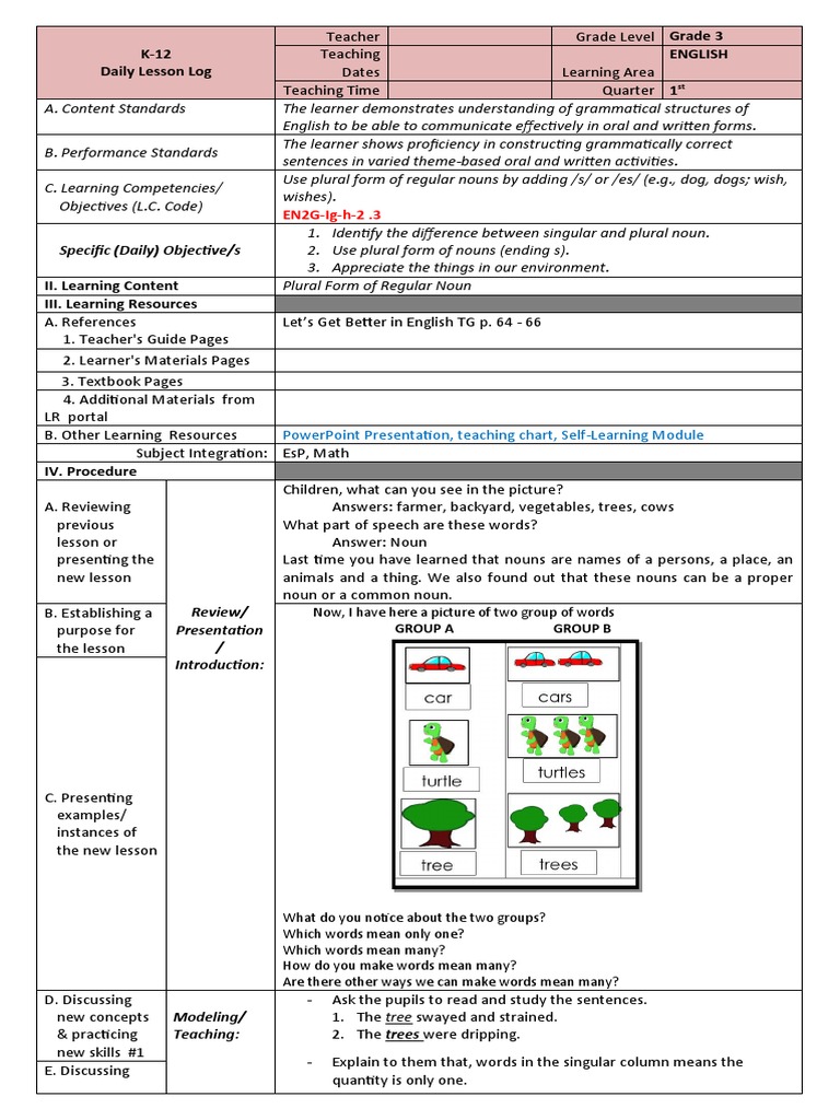 EN2G-Ig-h-2 .3: K-12 Daily Lesson Log English | PDF | Plural ...