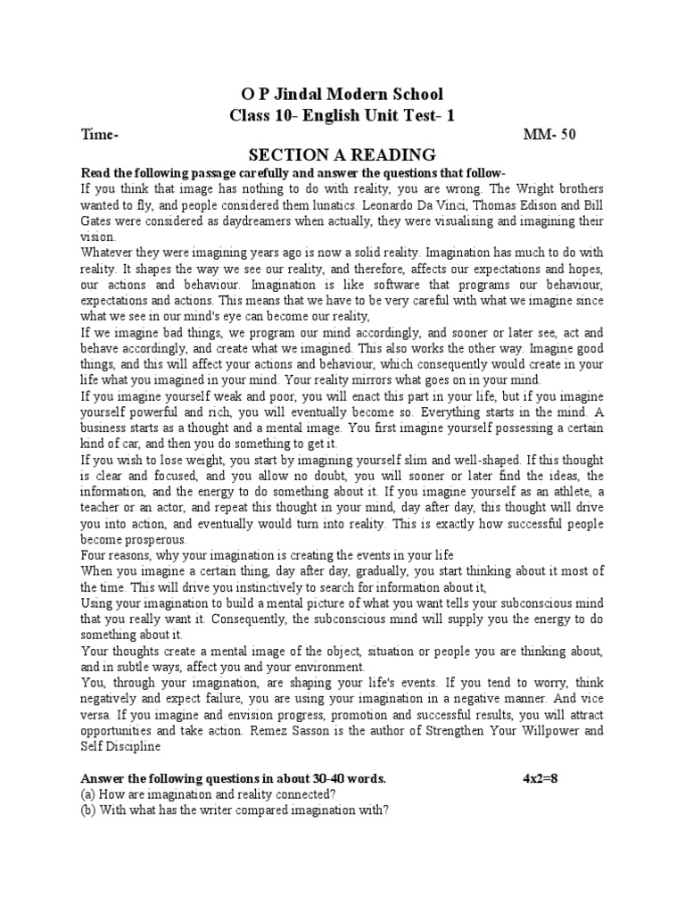 Class 10 English Questions | PDF | Imagination | Thought