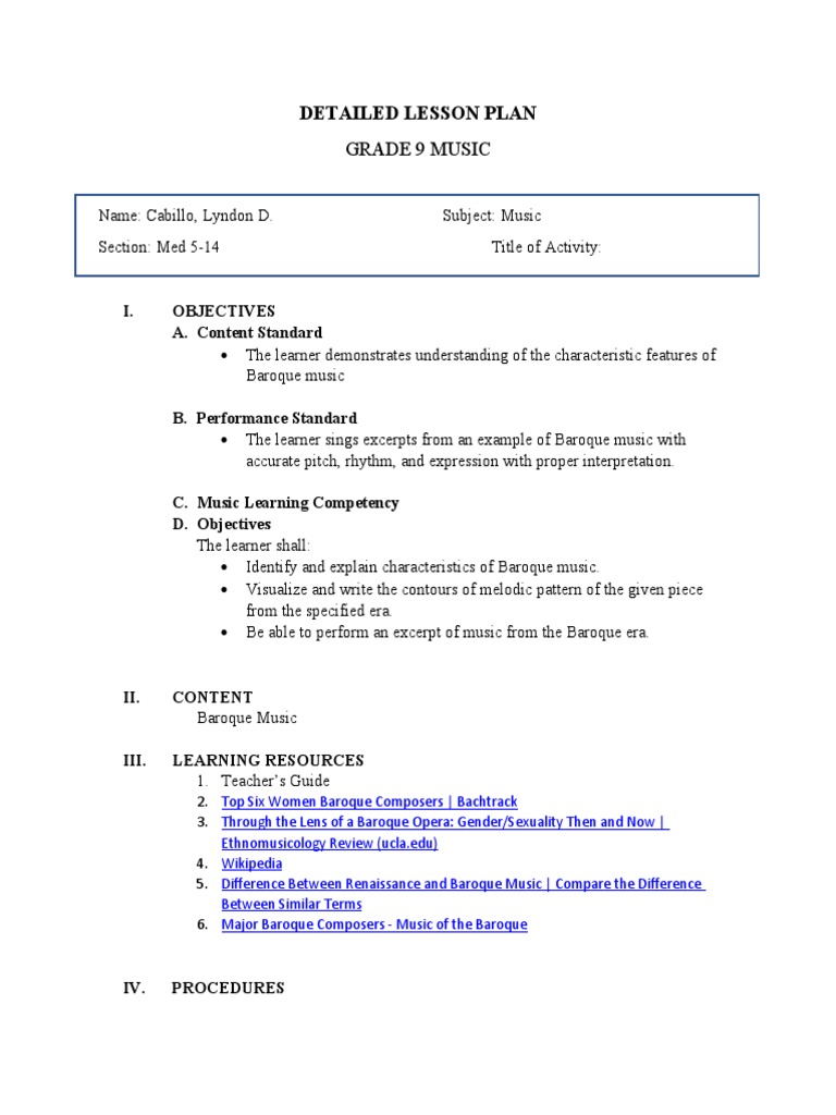 DETAILED LESSON PLAN GR9 Final | PDF | Baroque Music | Composers