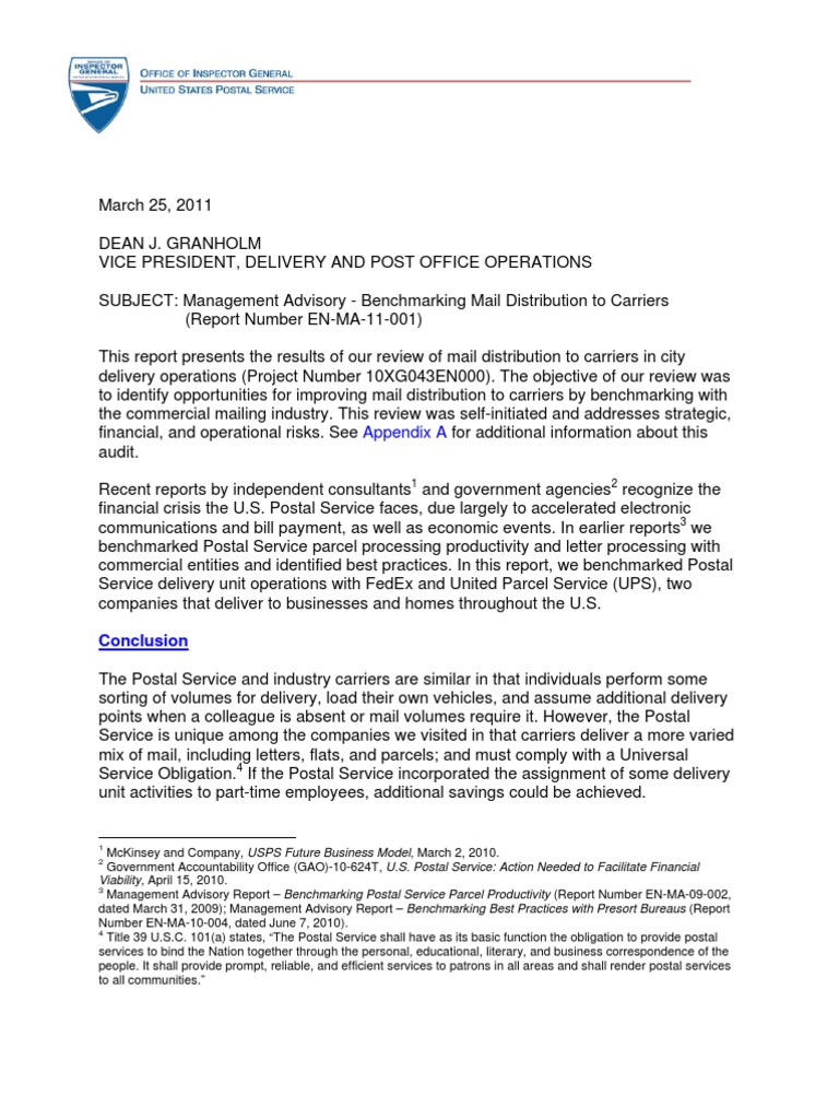 USPS OIG Management Advisory - Benchmarking Mail Distribution To ...