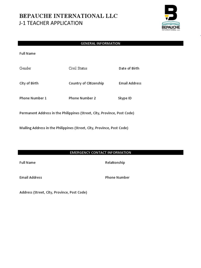 Bepauche International LLC - J1 Teacher Application Form | Download ...