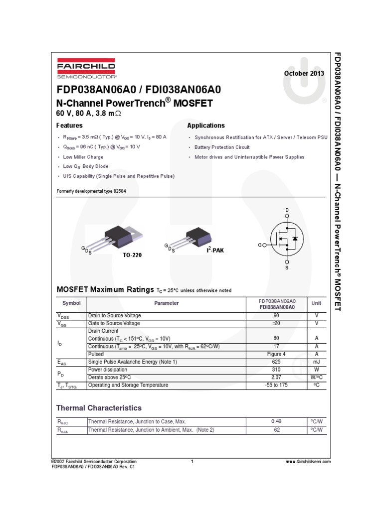 Fdp038An06A0 / Fdi038An06A0: N-Channel Powertrench Mosfet | PDF | Field ...