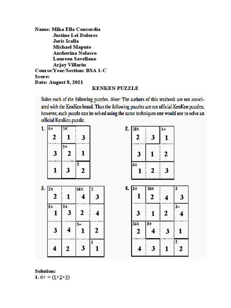 Exercise 4 Ken Ken Puzzle | PDF