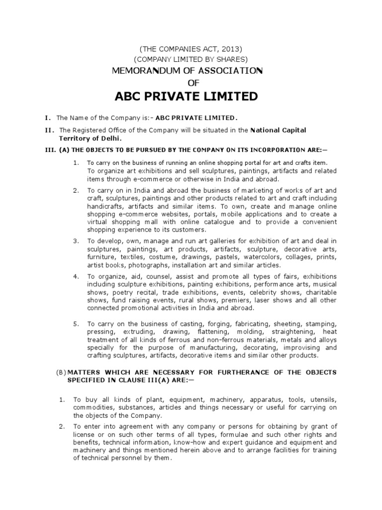 Abc Private Limited: Memorandum of Association OF | PDF | License ...