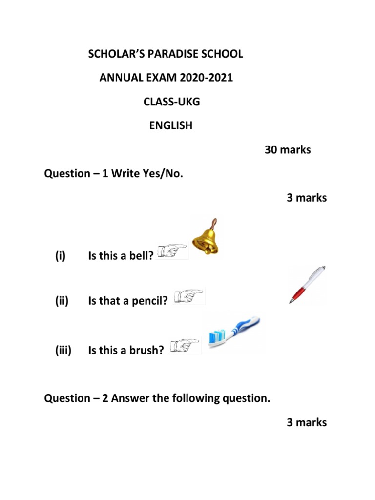 UKG English Annual Exam Paper 2021 | PDF | Language Arts & Discipline ...