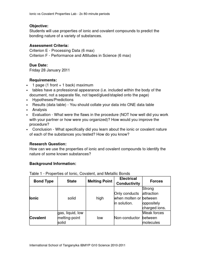 Ionic Vs Covalent Bonds Lab Activity | PDF | Ionic Bonding | Chemical Bond