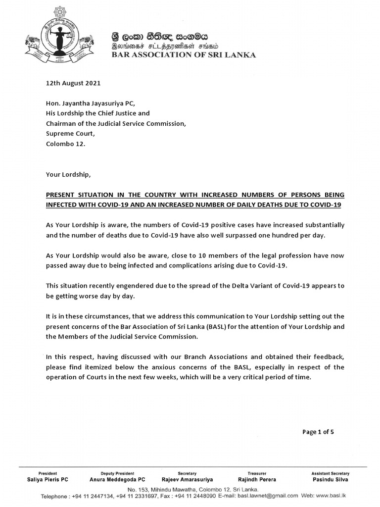 BASL Letter To Chief Justice 12.08.2021 | PDF | Judge | Government