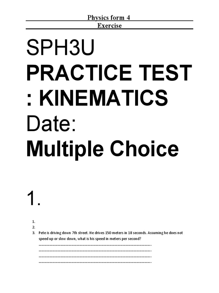 Sph3U: Practice Test: Kinematics Multiple Choice | PDF | Temporal Rates ...