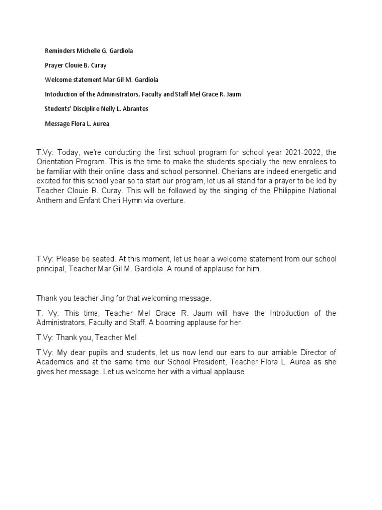 Students Orientation Program Script | PDF