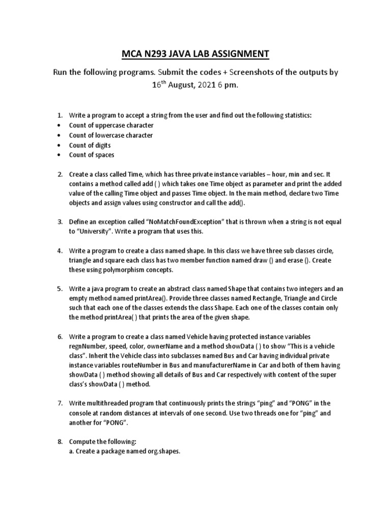 Mca N293 Java Lab Assignment Pdf Method Computer Programming 1160